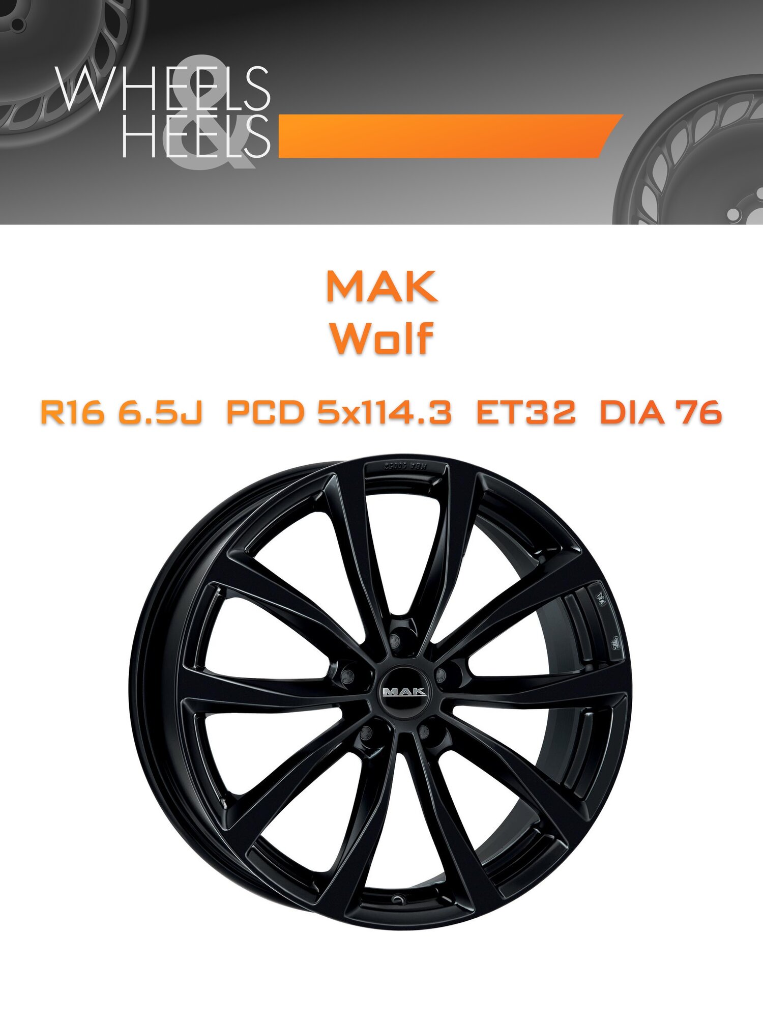 Диск автомобильный литой MAK Wolf 16x6.5 5x114.3 et32 dia76 Чёрный глянцевый