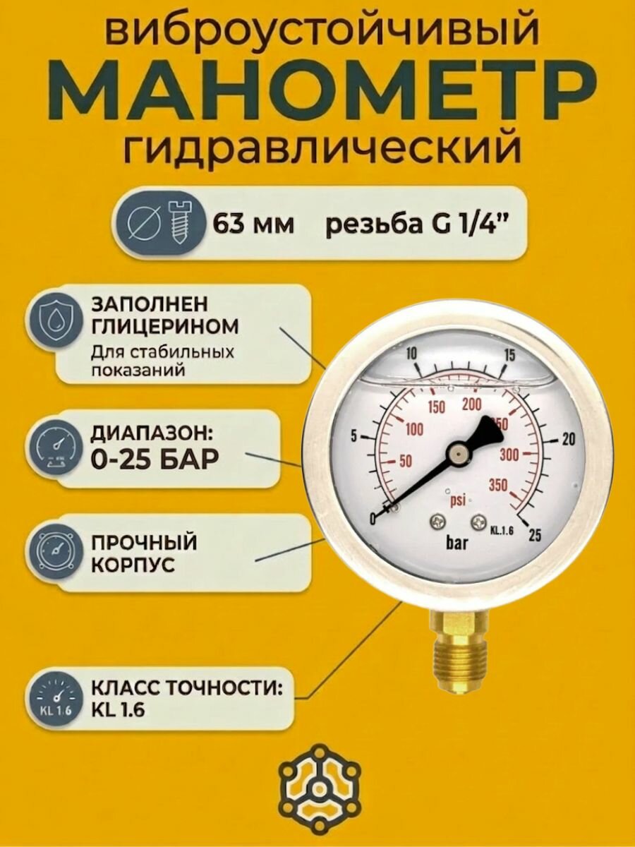 Манометр гидравлический 25 бар 63мм резьба G1/4 виброустойчивый, радиальный, 63R25. MGE HS