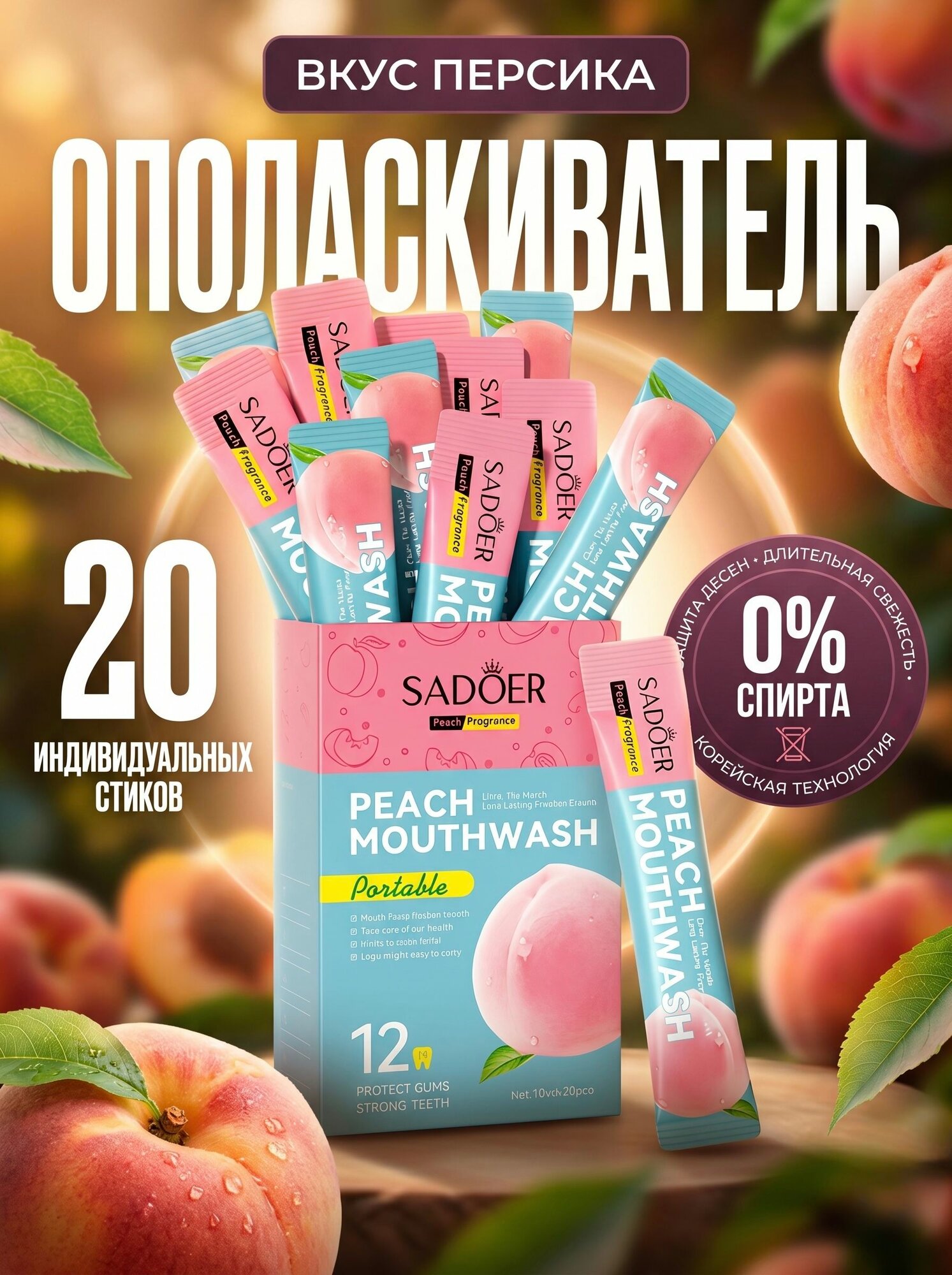 Ополаскиватель для полости рта SADOER освежающий Персик в стиках 20 шт по 10 мл