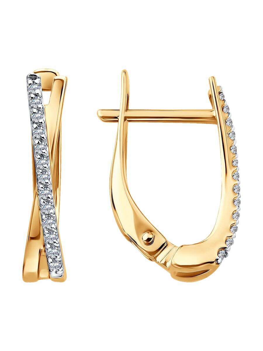 Серьги двусторонние, красное золото, 585 проба, фианит