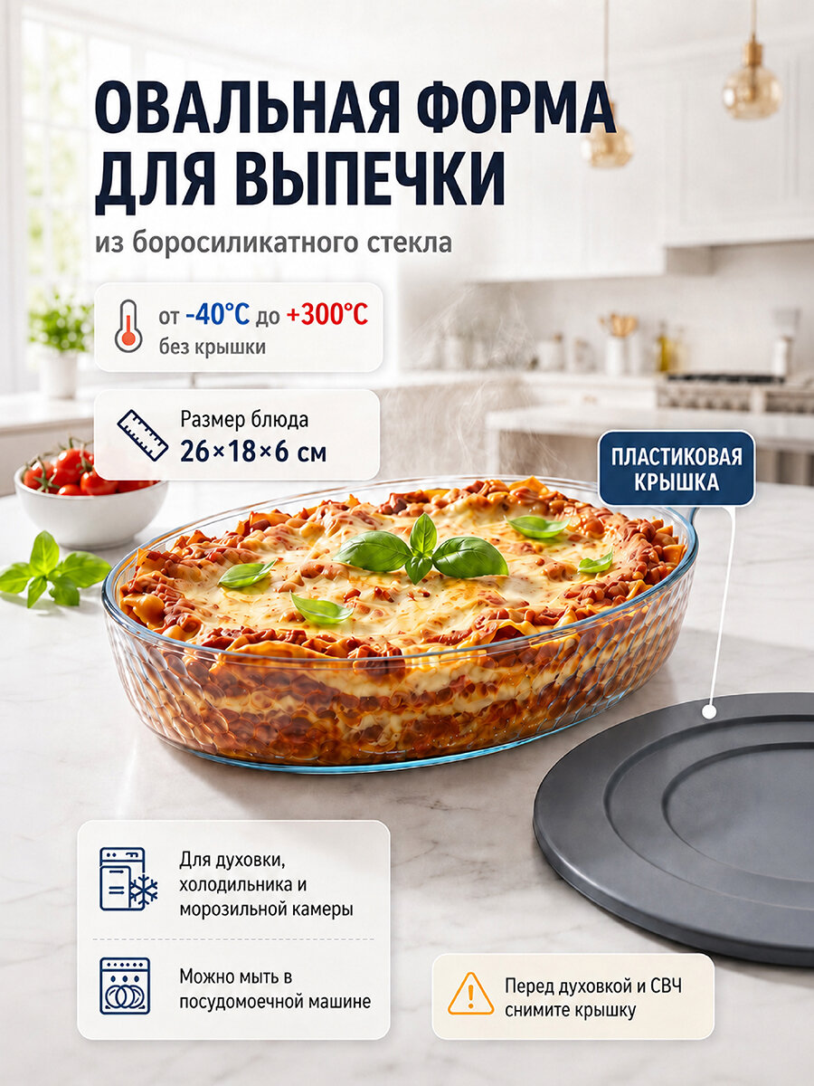 Форма для выпечки и запекания 1,4 л Borart овальная, с пластиковой крышкой, серый, 26х18х6 см