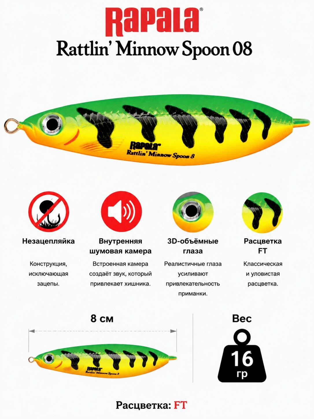 Блесна колебалка незацепляйка RAPALA Rattlin' Minnow Spoon 08 /FT / 8см, 16гр. приманка с шумовой камерой ++