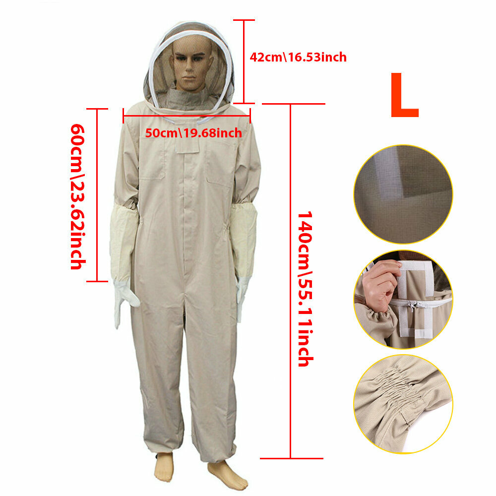 Цельный костюм для пчеловодства L + перчатки XL кофейного цвета, скафандр для защиты от пчел