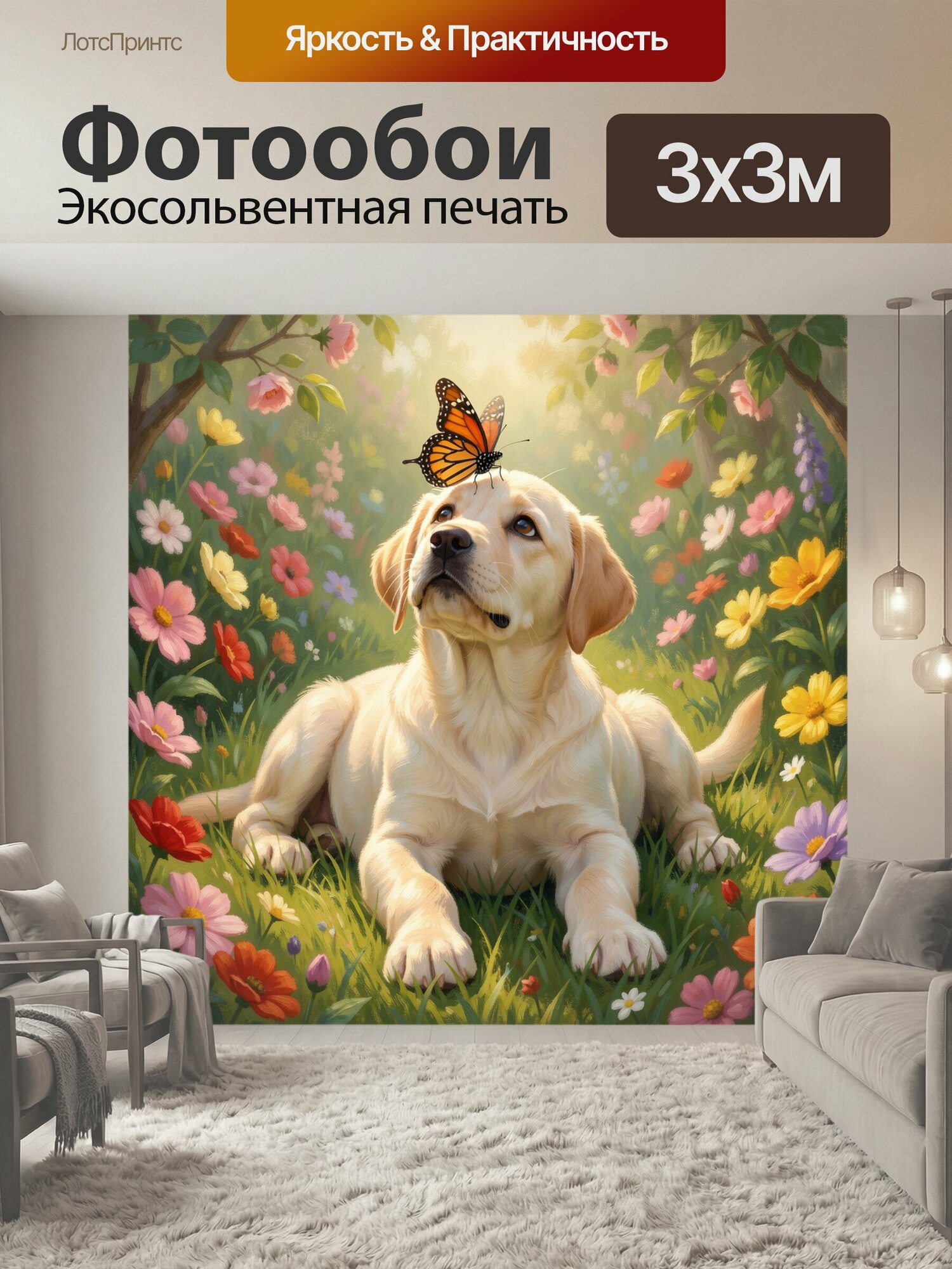 Фотообои "Щенок с бабочкой в цветочном саду. Нежная солнечная сцена: светлый лабрадор лежит в траве среди ярких полевых цветов, на носу у него." 300x300 см. экосольвентная печать