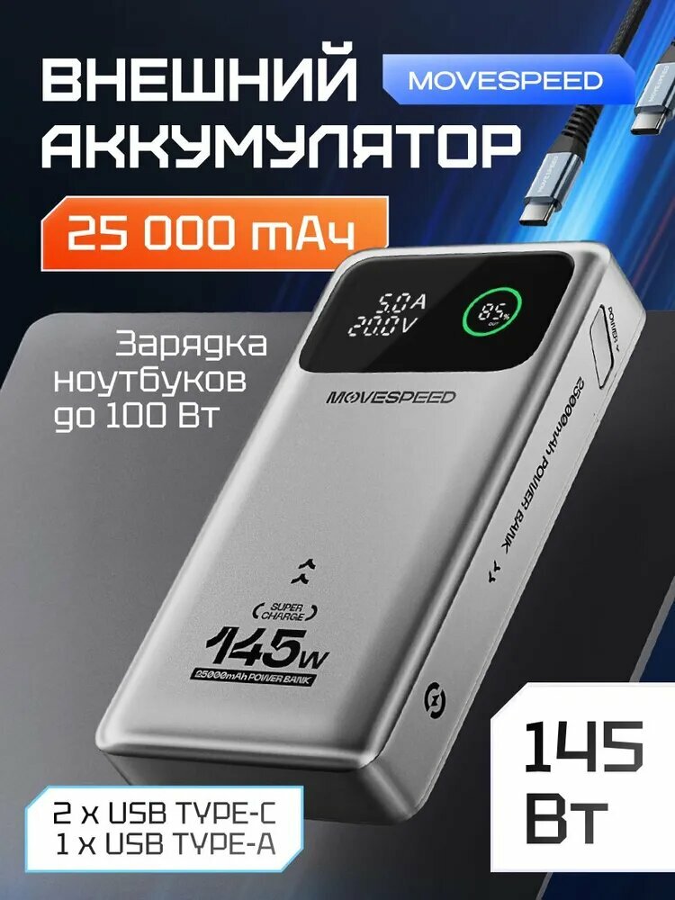 Повербанк Movespeed 25000 мАч внешний аккумулятор Power Bank, быстрая зарядка 145W Type-C для ноутбука, пауэрбанк, серый