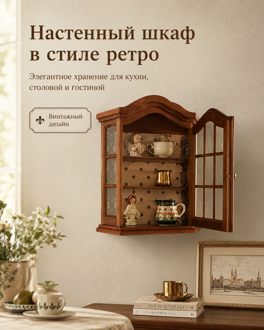 Ретро-настенный шкаф, массив дерева, глянцевый лак, коричневый, 3 полки