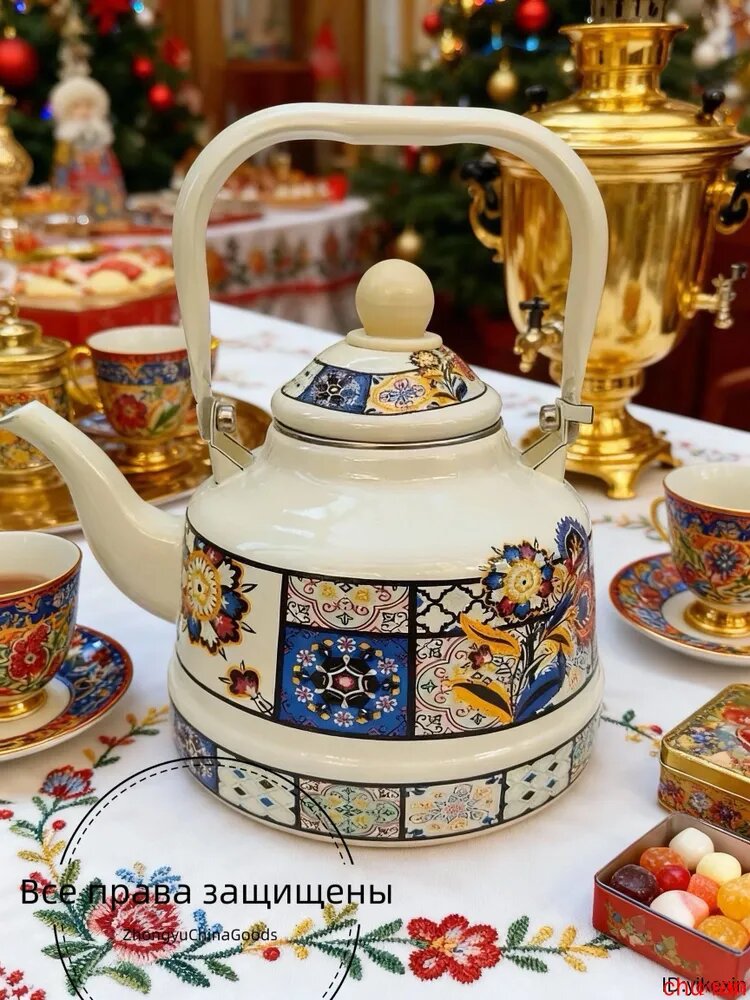 Эмалированный чайник 2.5 л с крышкой, ручка из нержавеющей стали, голубой, китайское производство