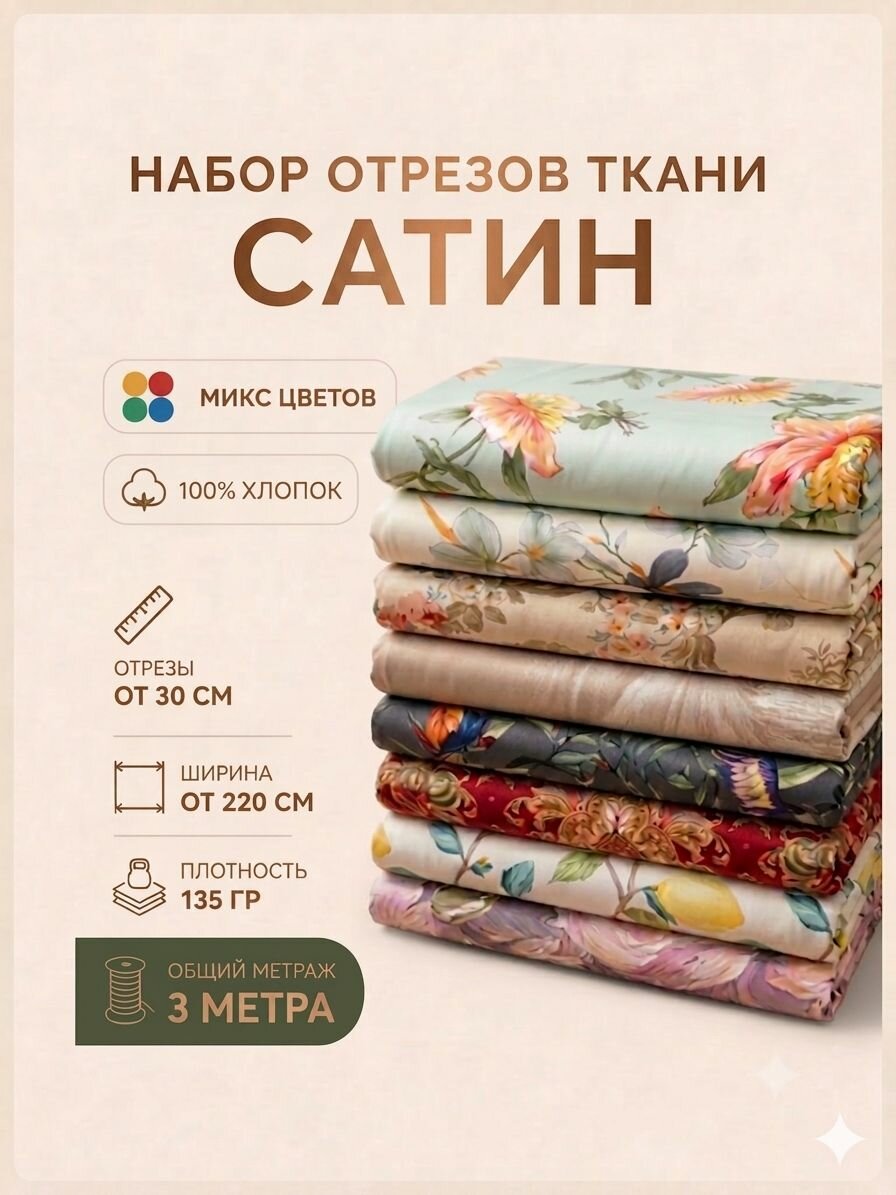 Набор отрезов ткань Сатин для пэчворка 100% хлопок, цвет рандомный (с рисунком)