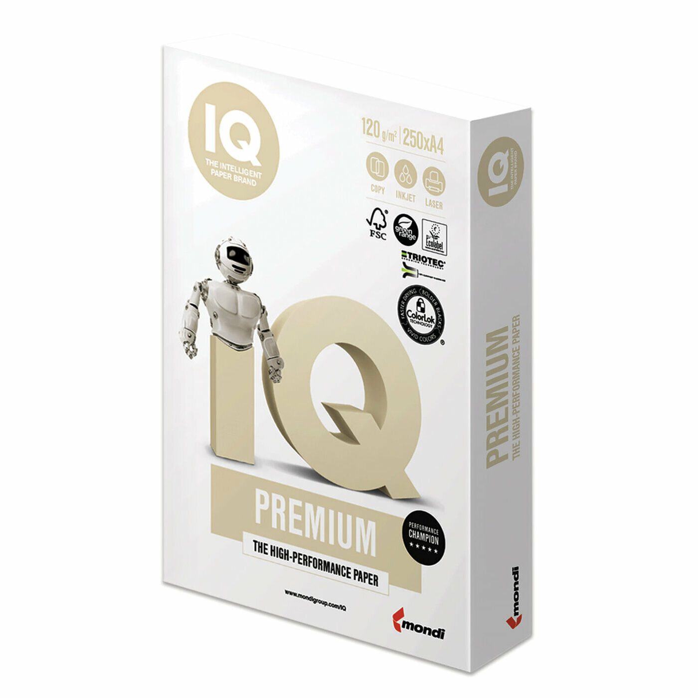 Бумага IQ Premium, А4, 120 г, м2, 250 листов, класс "А", 170% CIE