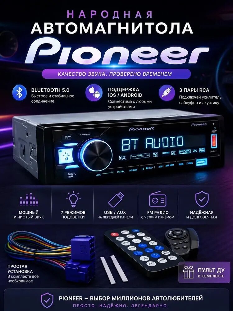 Магнитола для авто с блютуз 12v Автомагнитола Пионер 1DIN с Bluetooth и USB