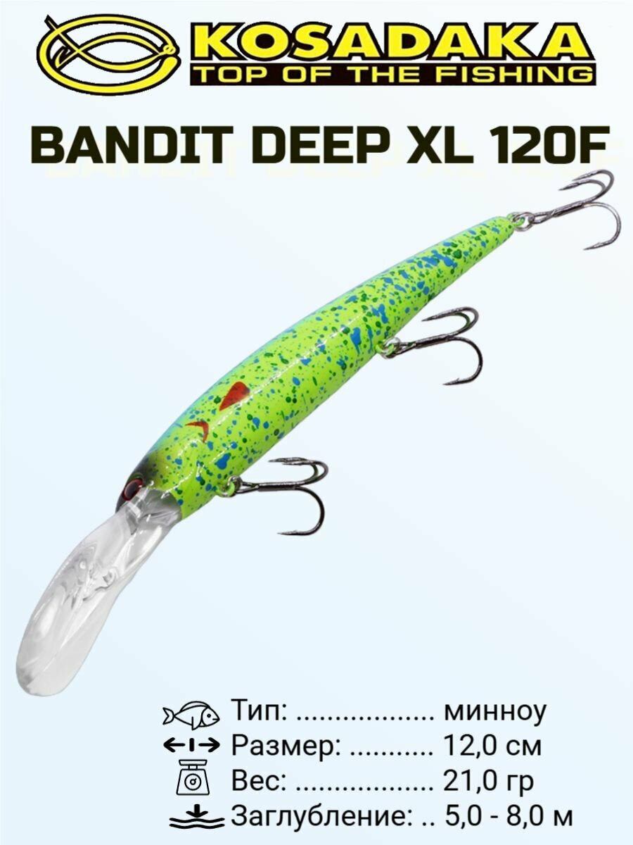 Воблер Kosadaka Bandit Deep XL 120F, плав, 120мм, 21г, 5-8м, цв. BKK