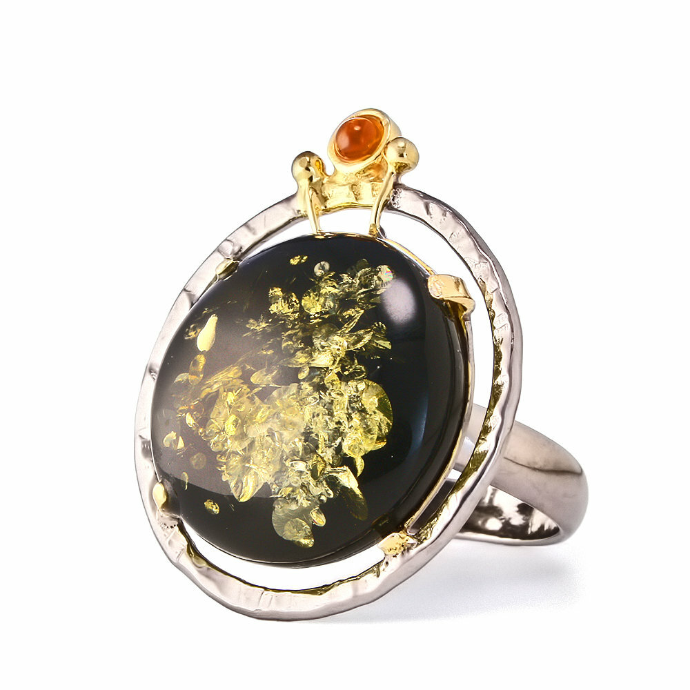 Кольцо, серебро, 925 проба, родирование, янтарь