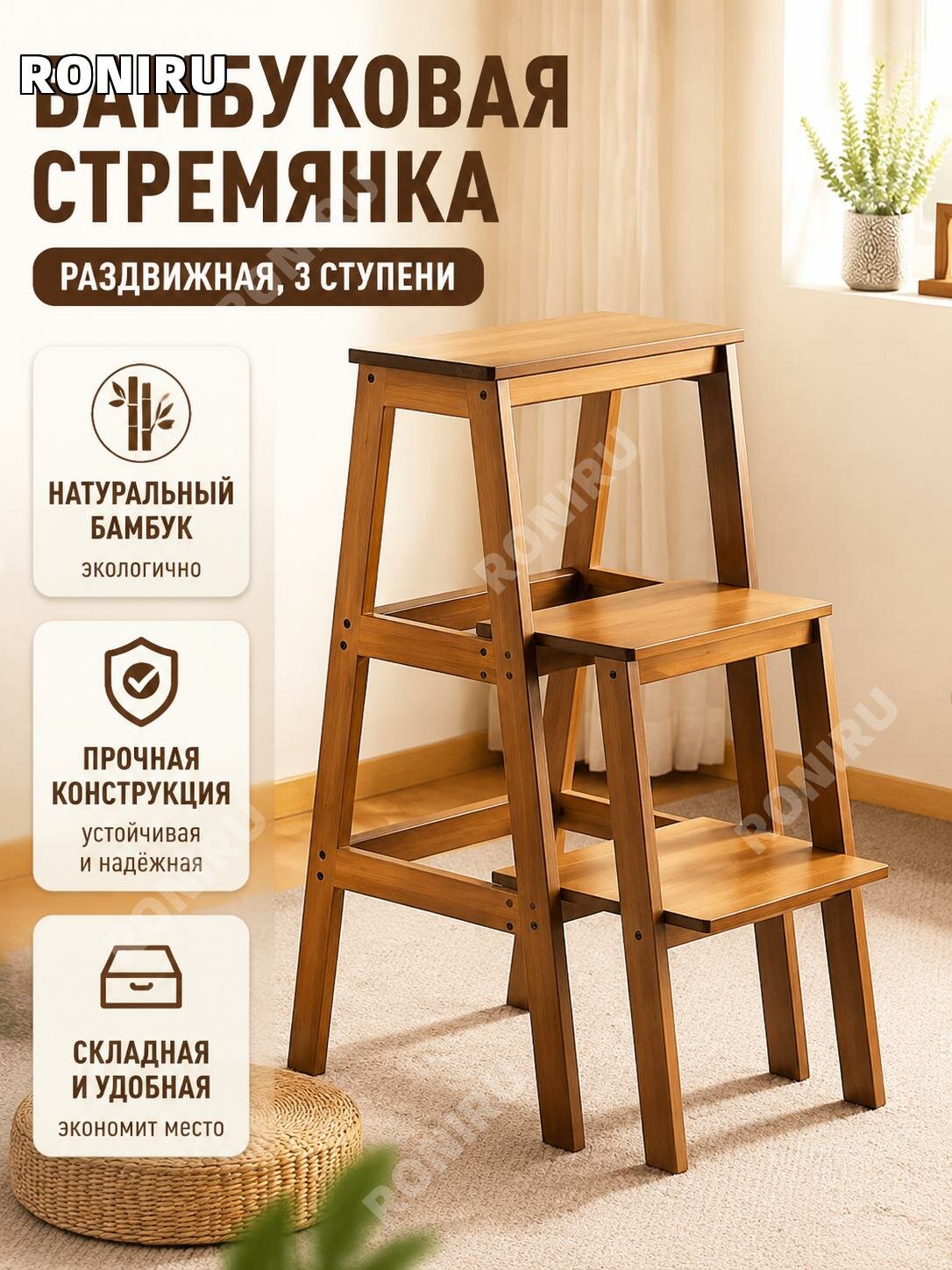 Складная бамбуковая стремянка-табурет,3 ступени, чайный цвет