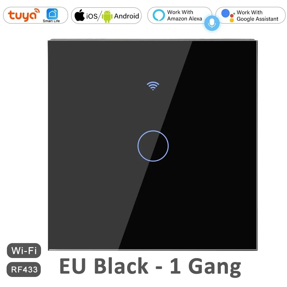 YIDI Сенсорный умный выключатель 2/3 пути белый 220В Black- 1 Gang, Live and Neutral