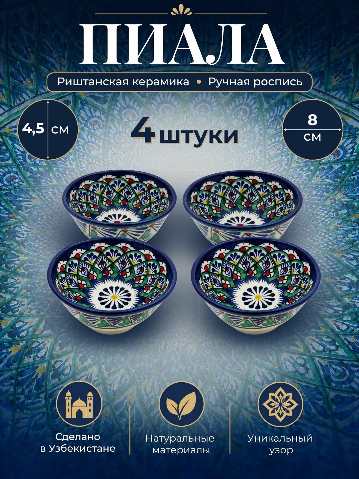 Блюдо Пиалы, Узбекская посуда, Риштанская Керамика, 8 см, 4 шт, синий
