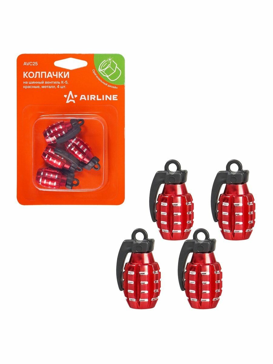 Колпачки на шинный вентиль K-5, красные, металл, 4 шт, AIRLINE AVC25