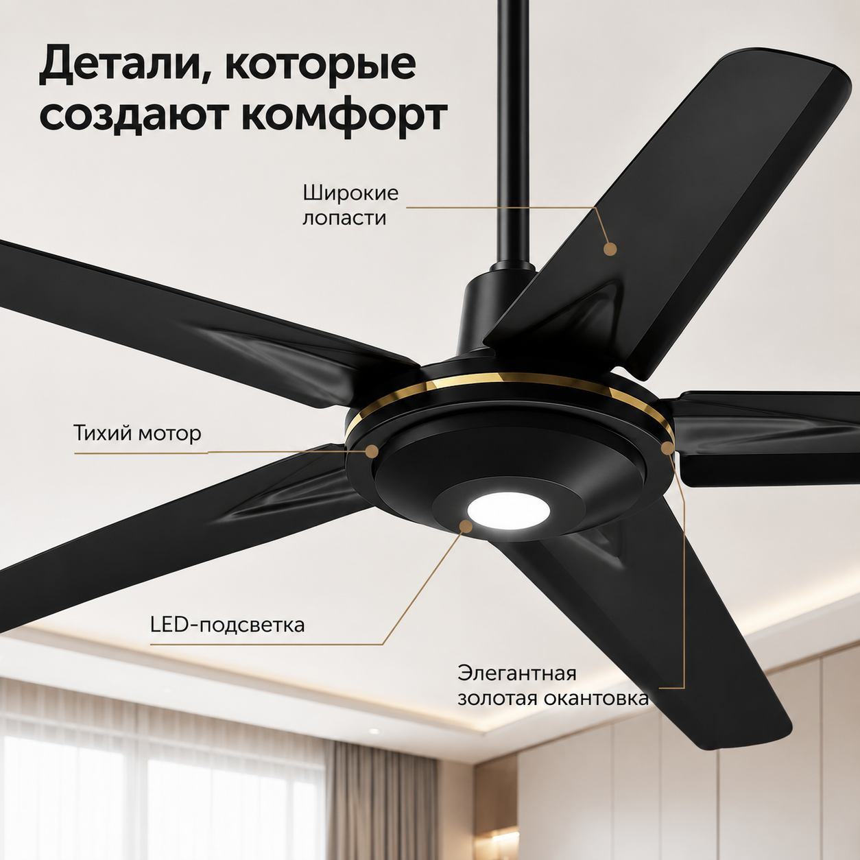 Пятилопастной потолочный вентилятор (140 см), черный, 5 скоростей