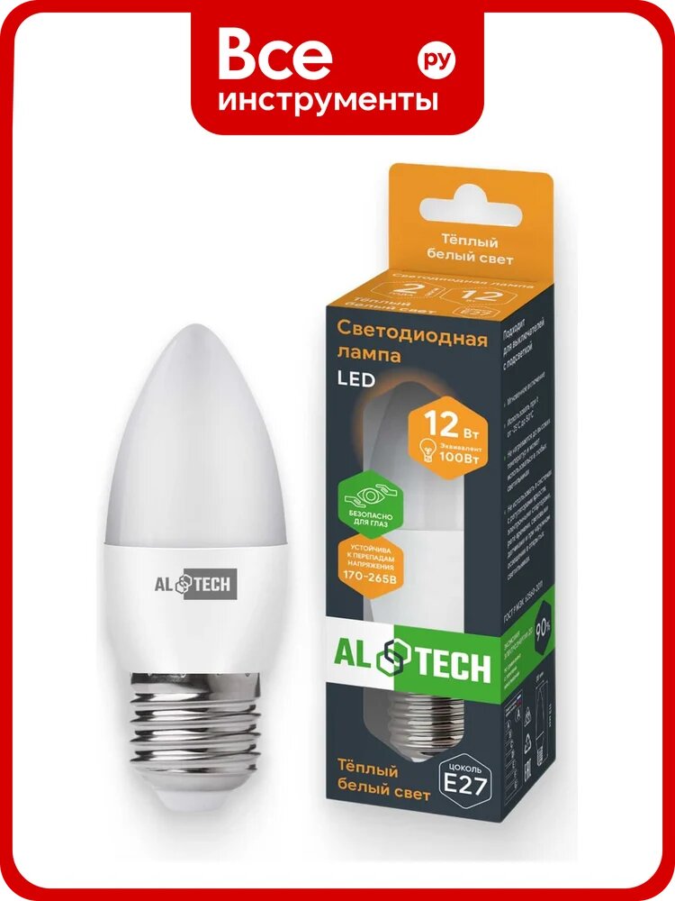 Лампочка светодиодная ALTECH LED С35-12W-830-E27 12Вт свеча теплый белый свет 4673758070128