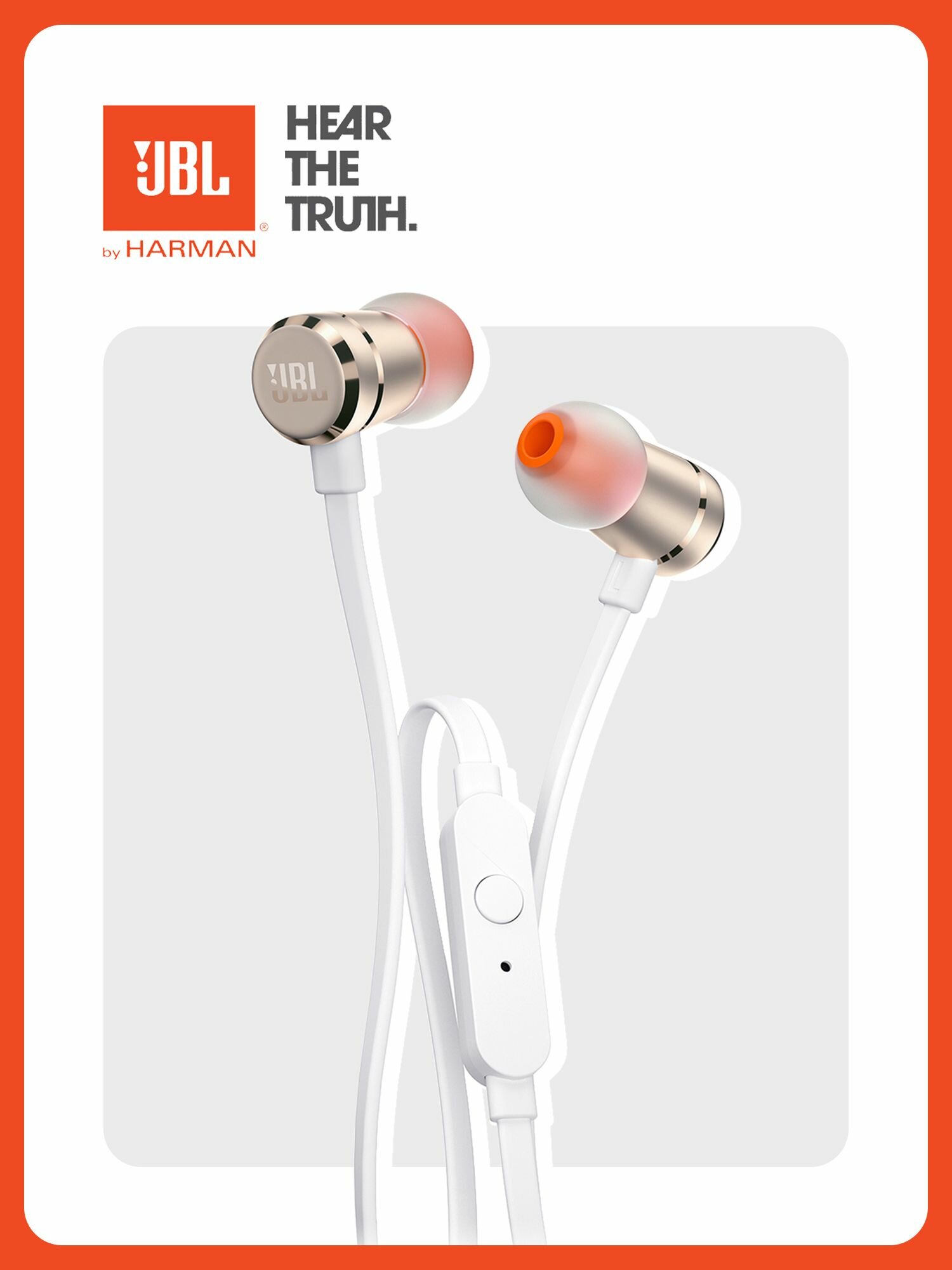 Наушники проводные, JBL 290, внутриканальные, вакуумные с микрофоном, золотой