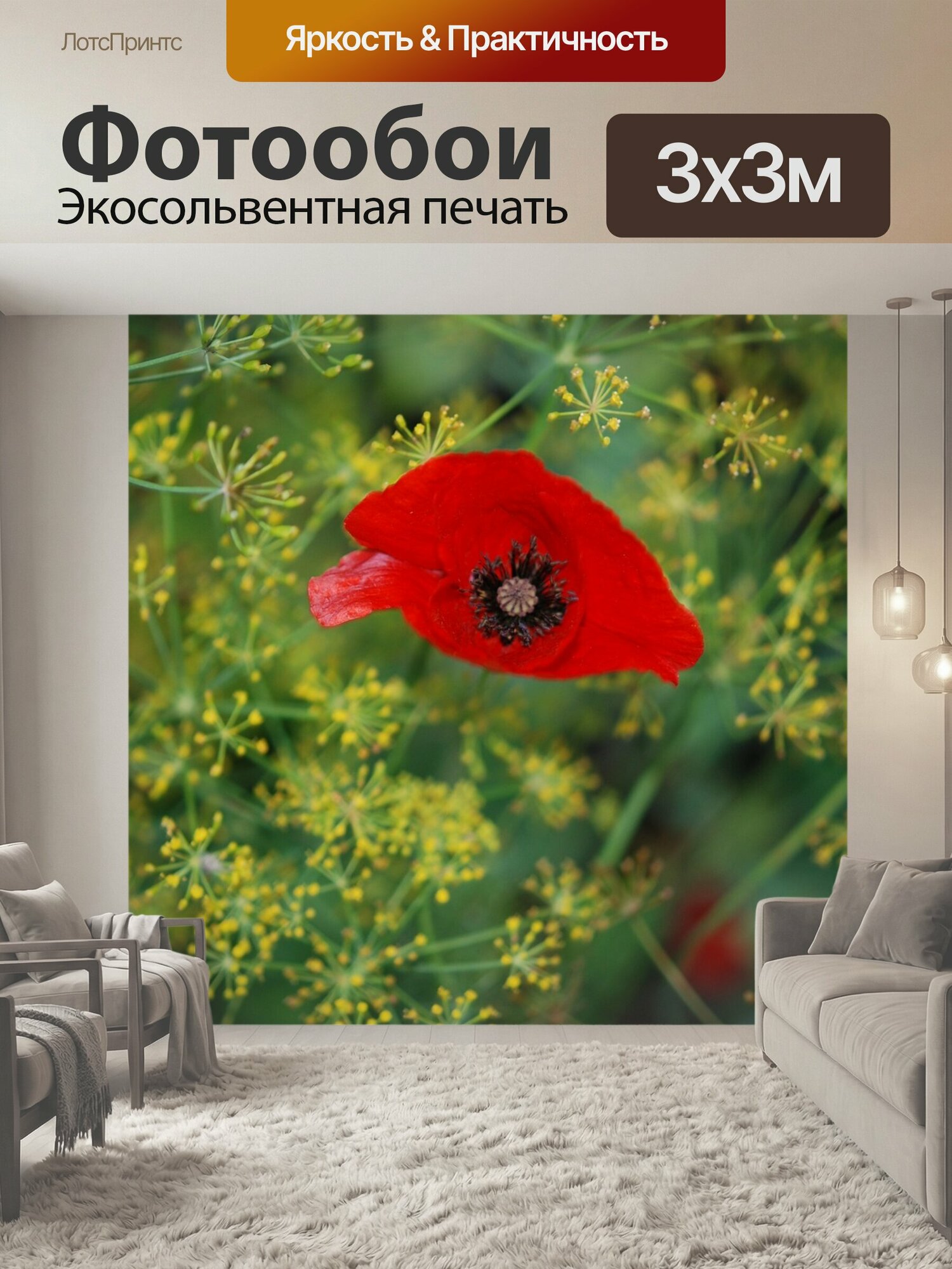 Фотообои "Мак, красный, цветок" 300x300 см. экосольвентная печать