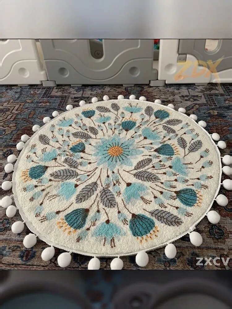 Круглый прикроватный коврик 60x60 см, мягкий, водопоглощающий, с помпонами