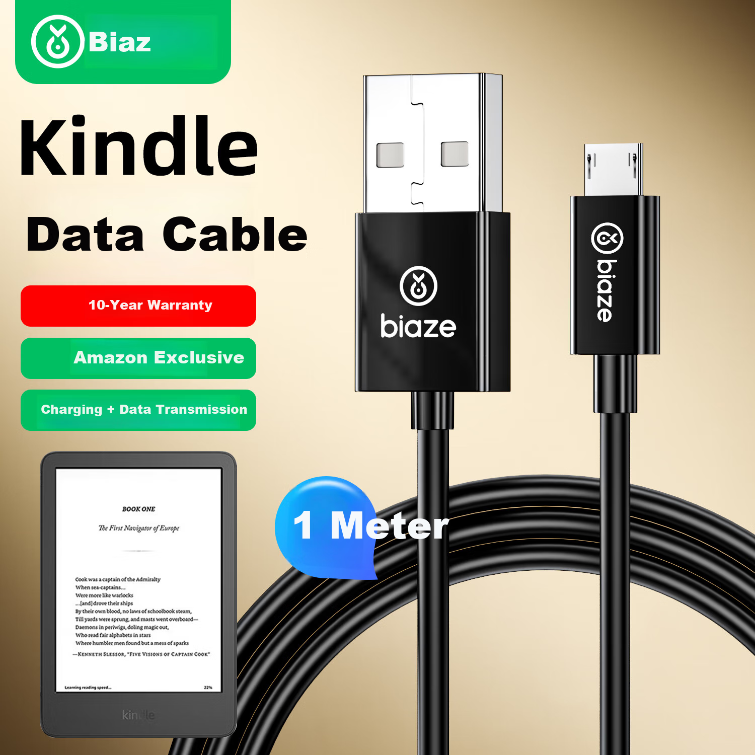 BIAZE USB-Micro кабель для зарядки Kindle 1M черный для электронных читалок Paperwhite 3 и 4 Версия：Подлинный брендовый