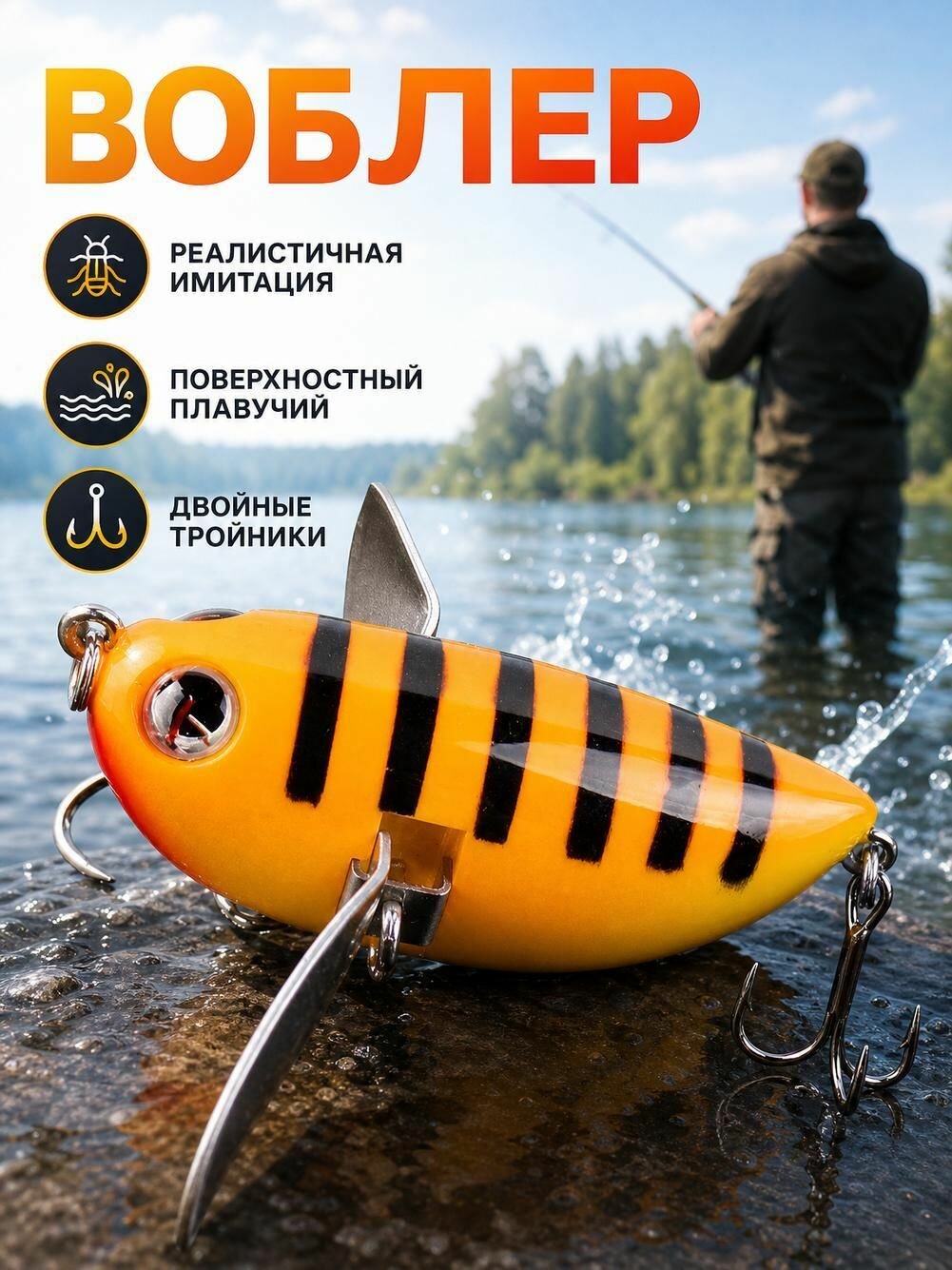 Приманка изготовлена из АБС-пластика и оснащена острым трехзубчатым крючком