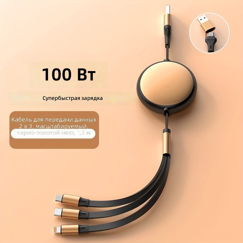 Ретрактивный портативный кабель для зарядки 3-в-2, USB-C/Micro USB, 5A 100W, быстрая зарядка, черный