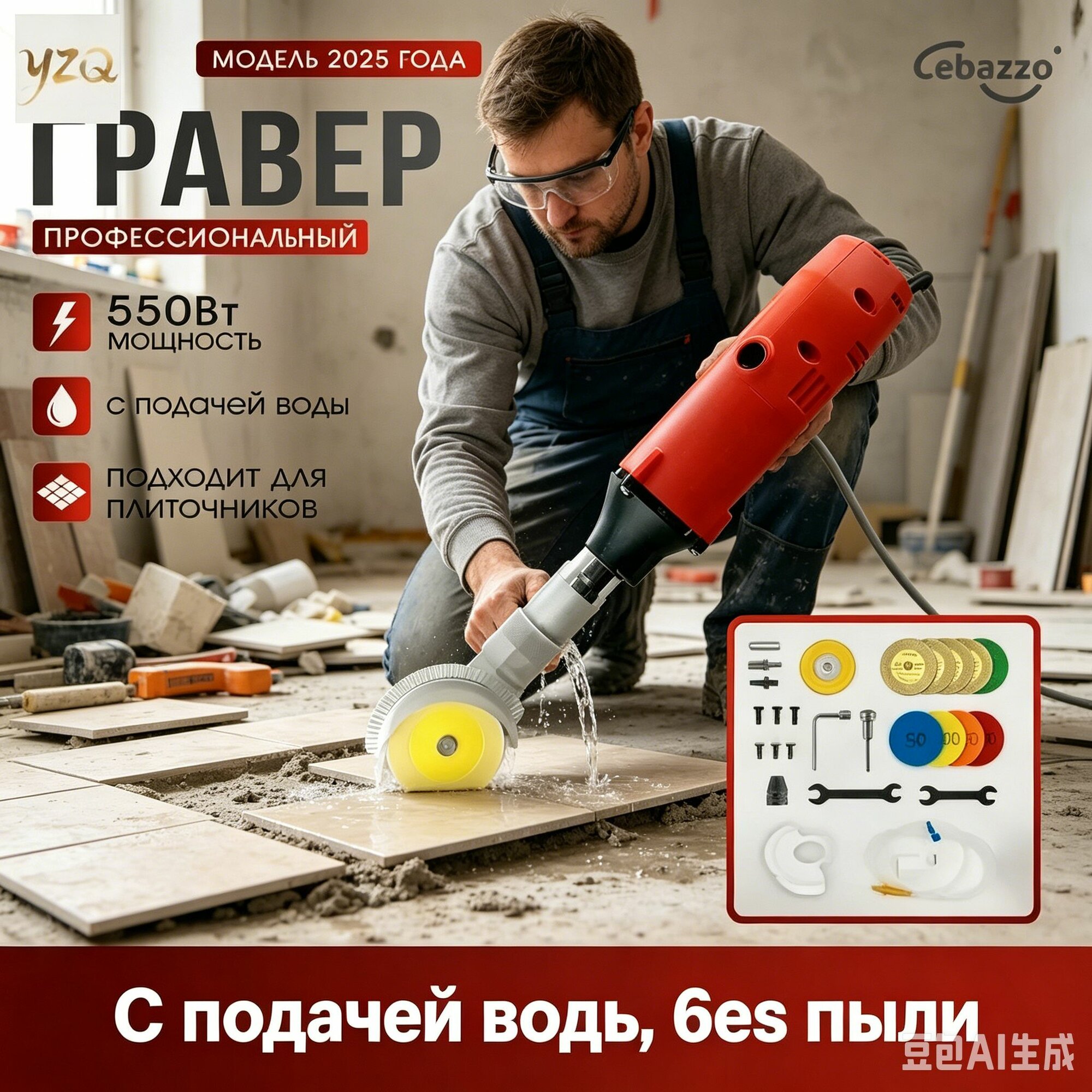 Гравер угловой 550 Вт для керамогранита электрический с подачей воды и насадками
