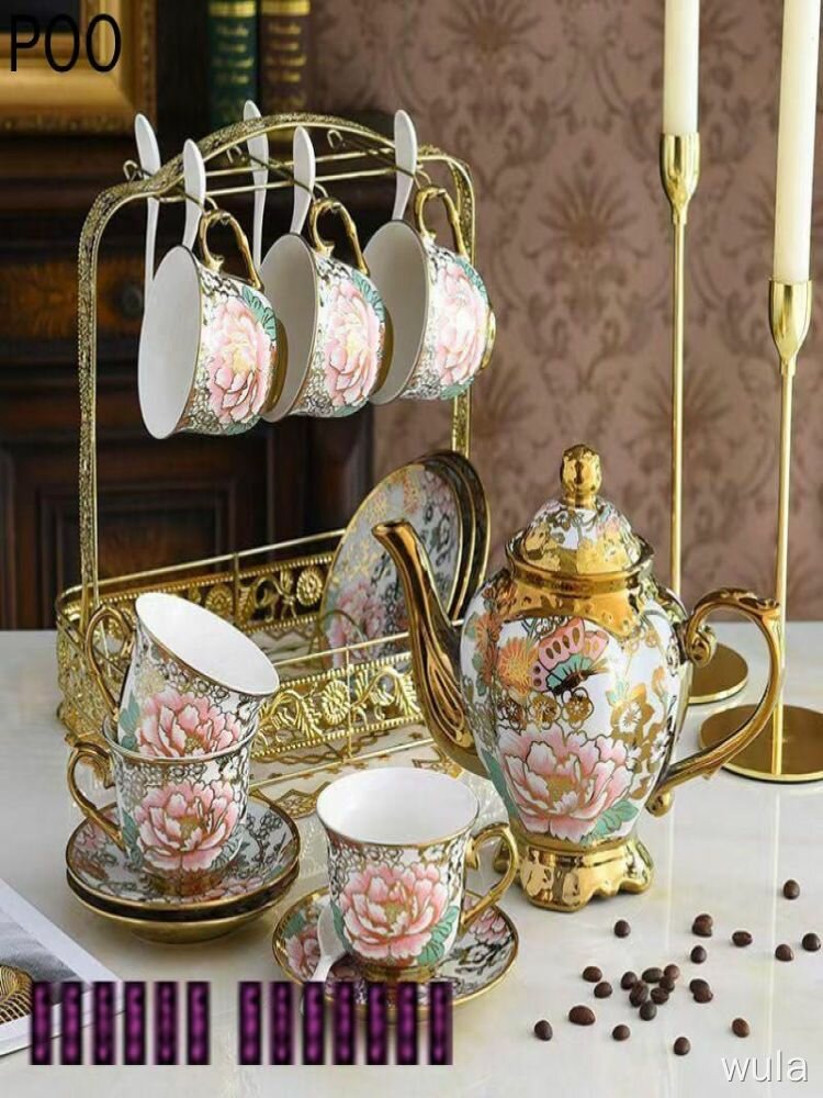 Сервиз кофейный с цветочным узором и золотой каймой на 6 персон, с подставкой, для дома, набор посуды