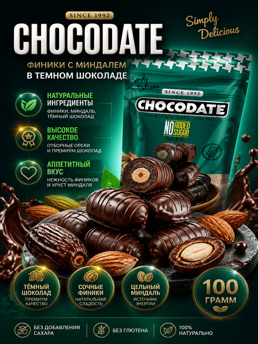 Конфеты Chocodate финик с миндалем в темном шоколаде, 100г