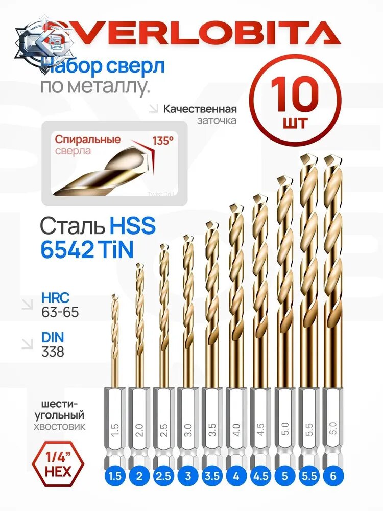 Набор сверл по металлу 10 шт SVERLOBITA HSS 6542 TiN