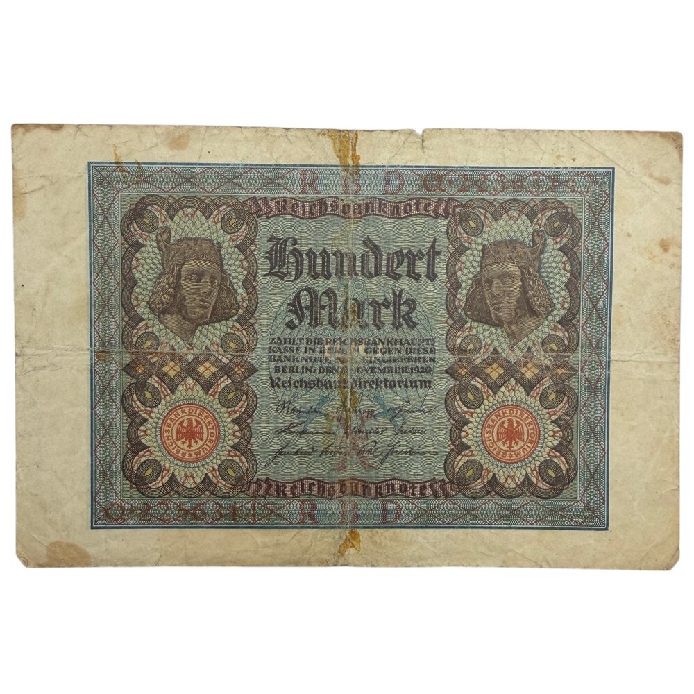 Веймарская республика (Германия) 100 марок 1920 г. (Литера X) (Серия Q) (8-значный номер) (Лот №3)