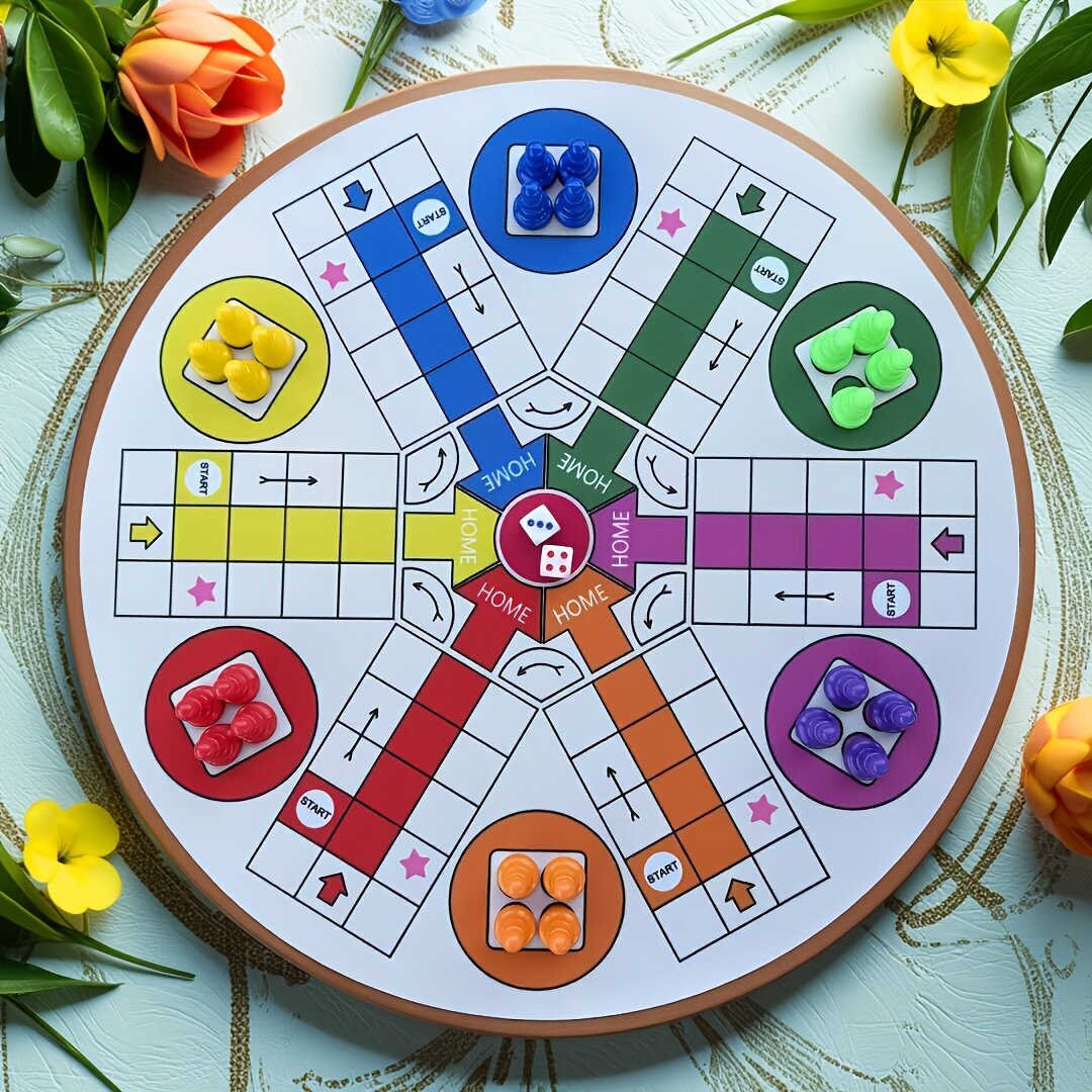 Набор настольной игры Лудо 45 см круглая резиновая складная доска для 6 игроков белая 24 фишки 2 кубика