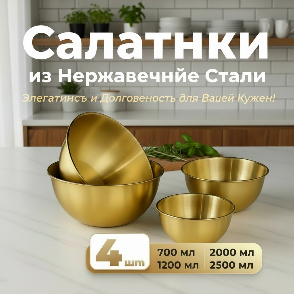 Набор 4 золотых мисок Shiny Kitchen 2.5 литра нержавеющая сталь