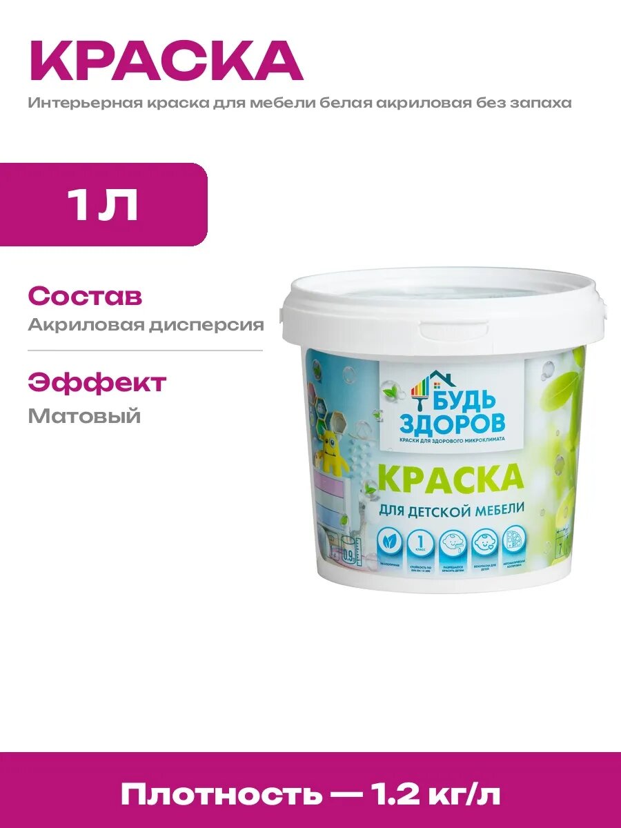 Краска моющаяся для мебели белая матовая на водной основе