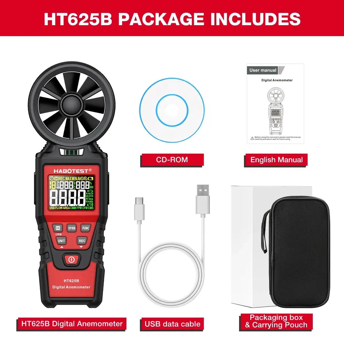 Портативный цифровой анемометр HABOTEST HT625A HT625B