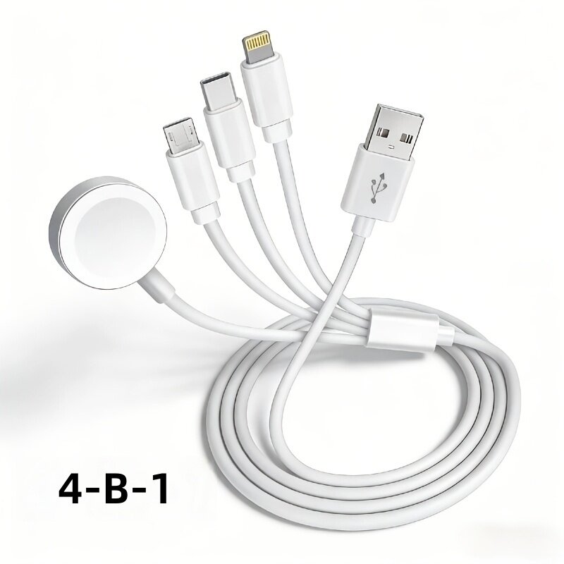 Магнитный зарядный кабель 4-в-1 с USB для Apple Watch Ultra/SE/11/10/9/8/7/6/5/4/3/2/1 и iPhone 17/16/15/14/13/12