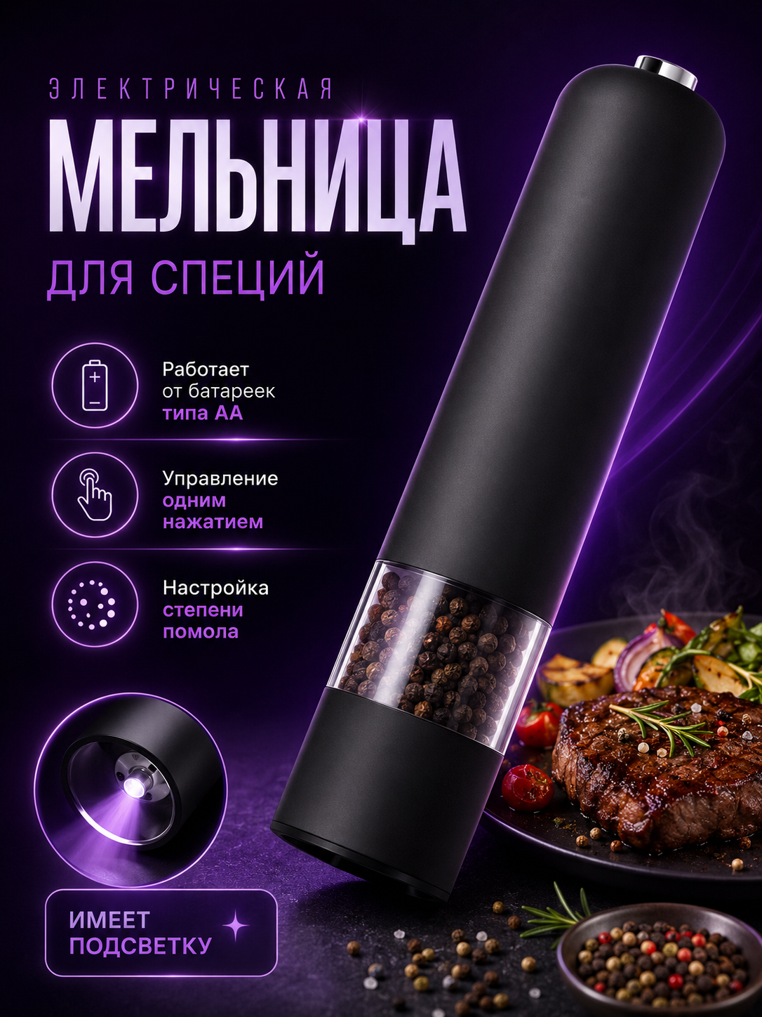 Электромельница для соли и перца, Электрическая мельница для специй с подсветкой, Мельница для специй, Черный