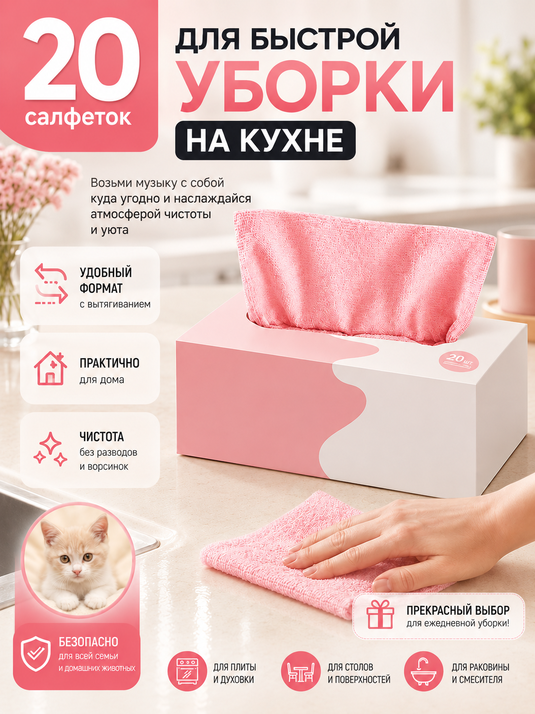Салфетки многоразовые для быстрой уборки дома 20шт/ салфетки из микрофибры для уборки кухни
