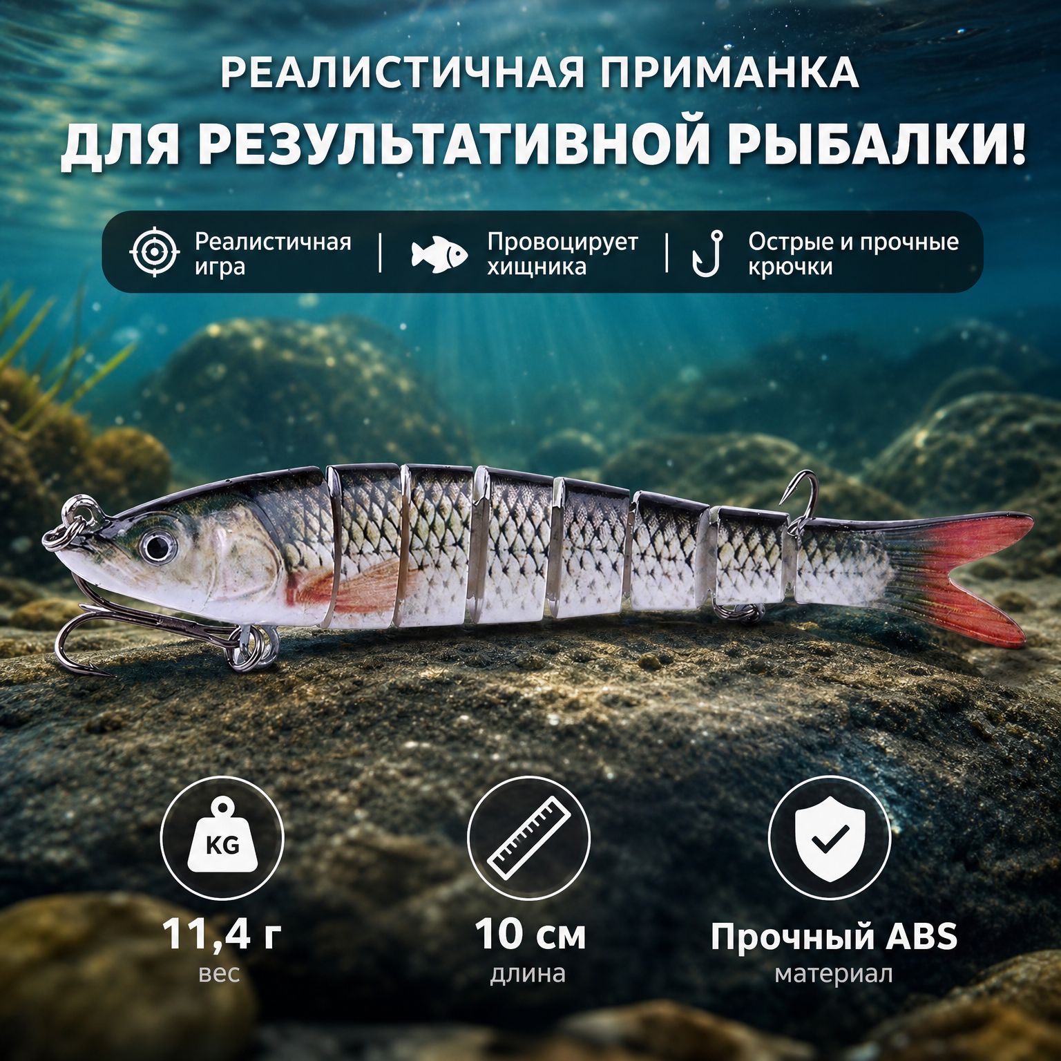 Реалистичная утопающая приманка для хищника 12г / 9см / 7 сегментов / Искусственная рыболовная снасть / На щуку, окуня и судака / Из прочного ABS пластика / Острые и надежные крючки (Цвет товара: серебристый; Длина: 90 мм)