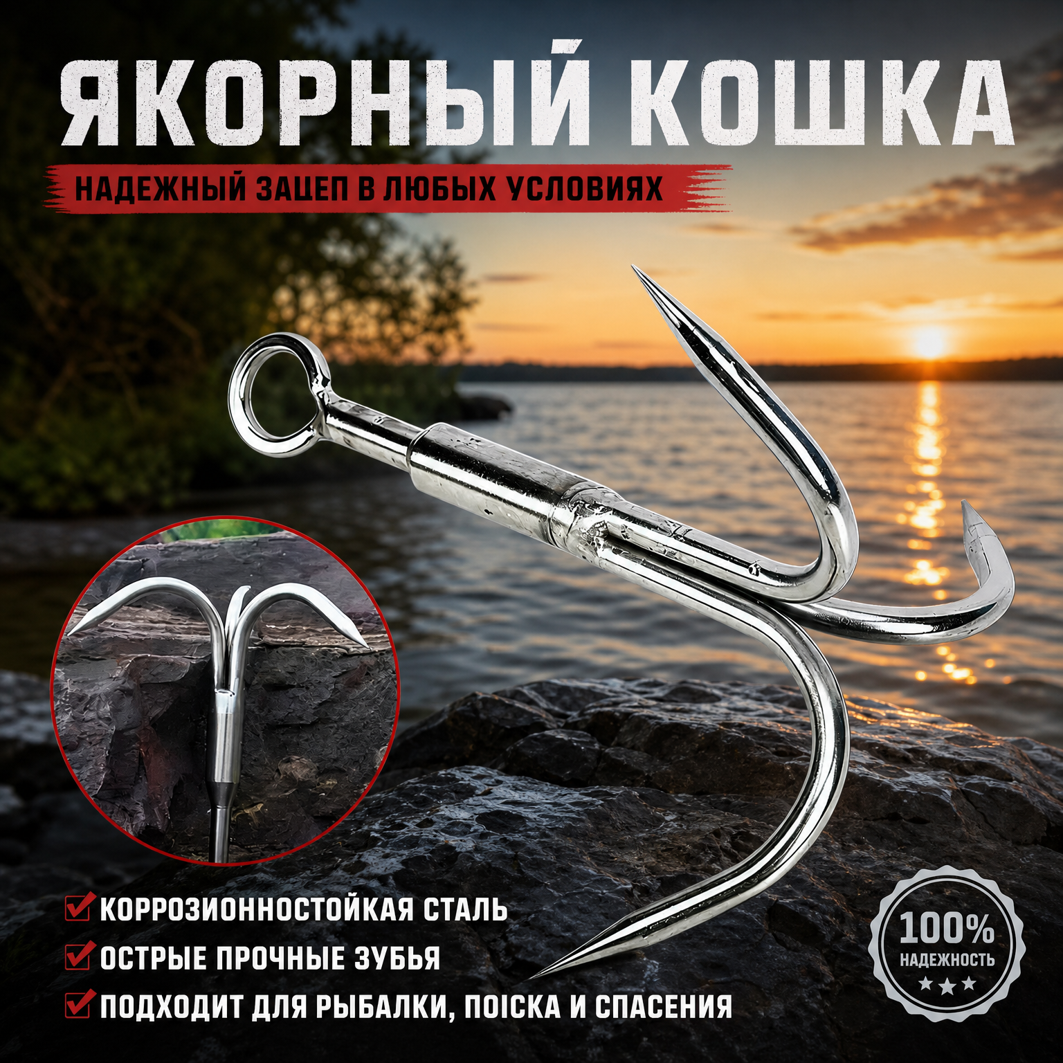Четырёхлапый якорь-кошка из нержавеющей стали, для очистки дна от водорослей и поиска затонувших рыболовных снастей, надежный и острый зацеп для рыбалки и подводной охоты (Длина: 120 мм)
