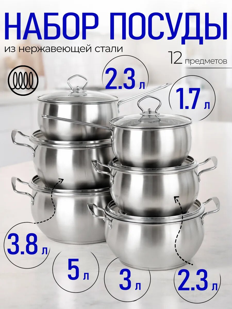 Набор посуды для индукционной плиты 12 предметов