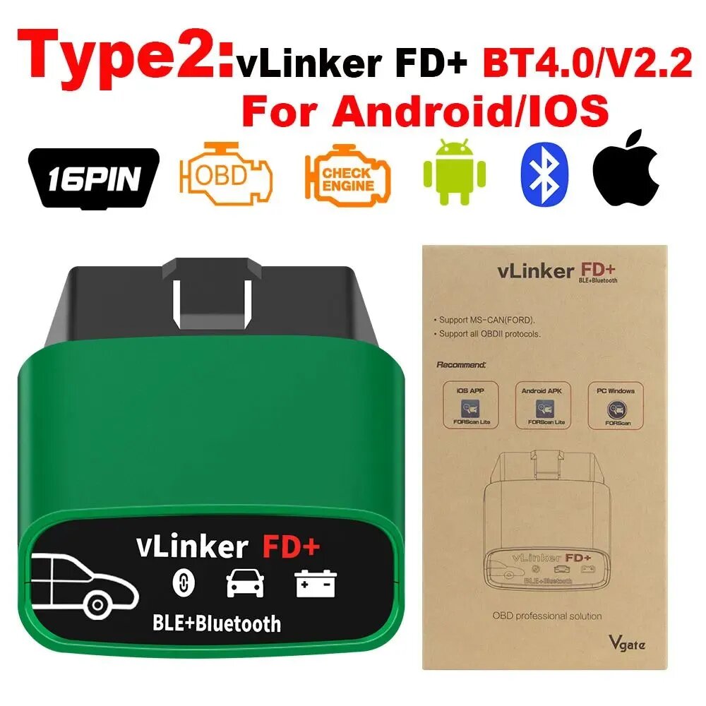 Vgate vLinker FD + ELM327 Bluetooth-совместимый 4,0 FORScan wifi OBD2 Автомобильный диагностический сканер OBD 2, J2534 Автоинструмент для Ford