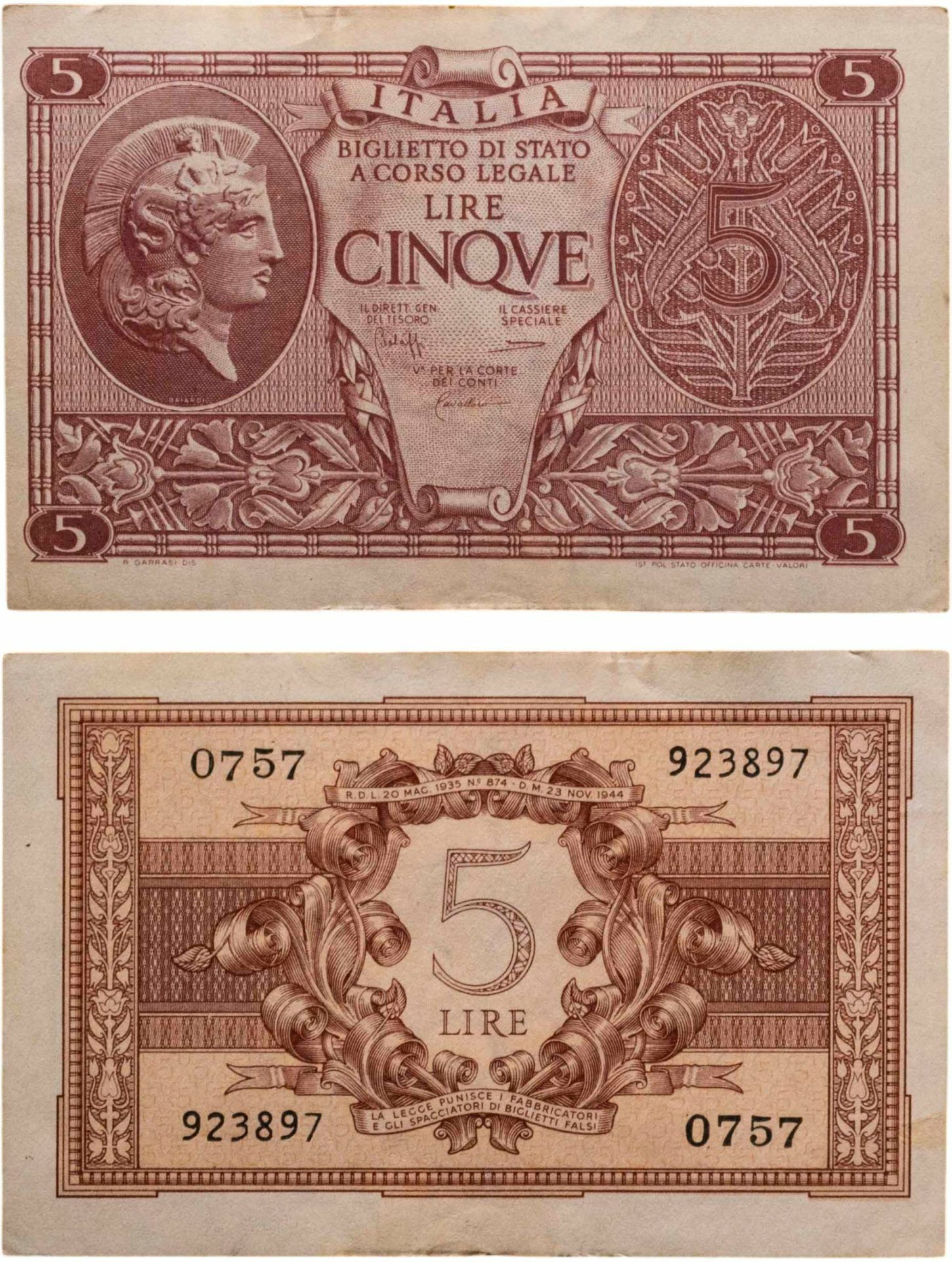 Италия 5 лир 1944