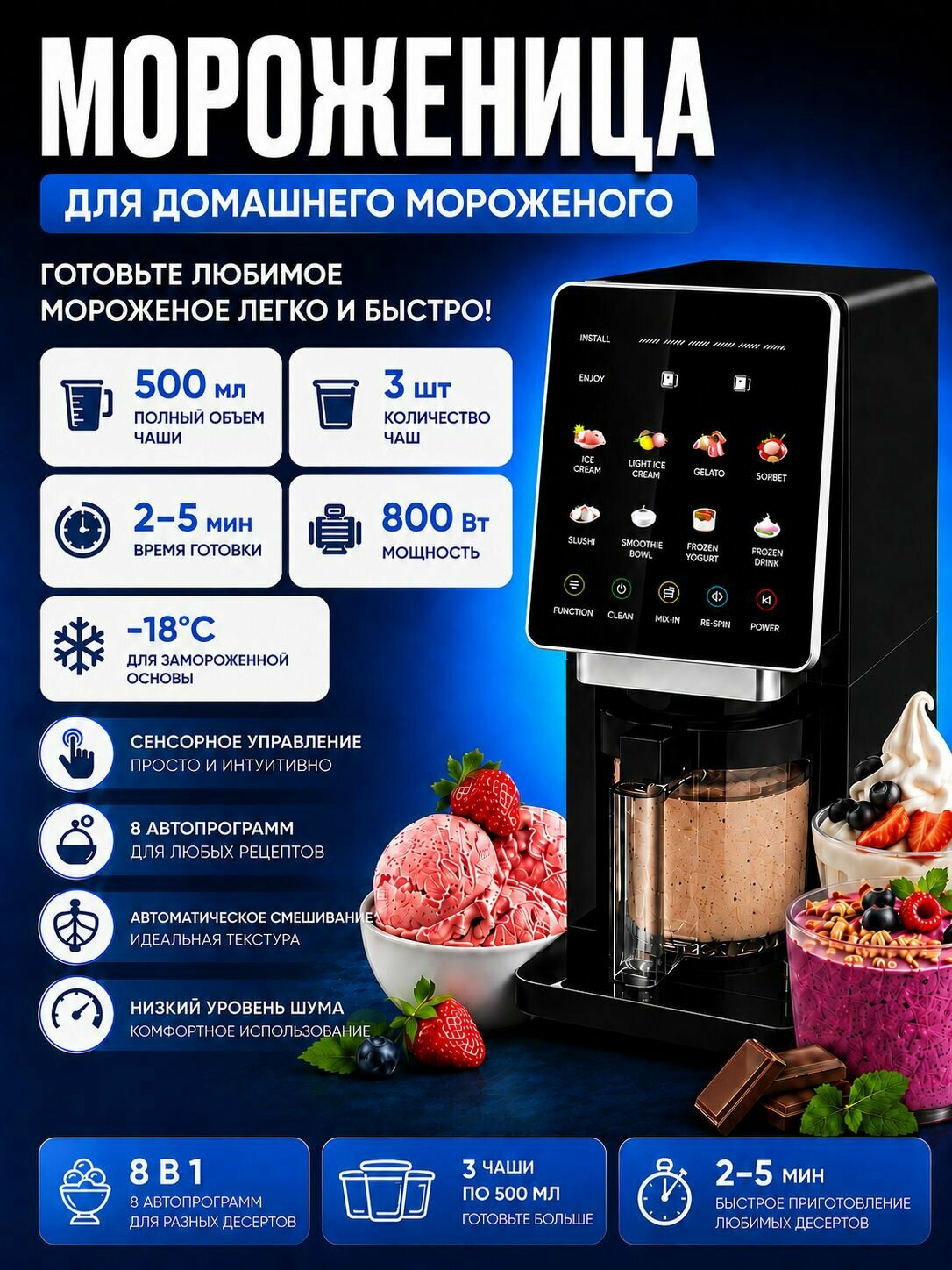 Мороженица электрическая 8 в 1, 800 Вт, 3 контейнера по 500 мл, для мороженого, джелато, сорбета, смузи и замороженных напитков, черная