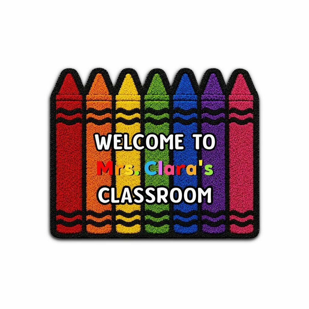Коврик вышитый интерьерный с рисунком цветных карандашей и надписью Classroom, разноцветный