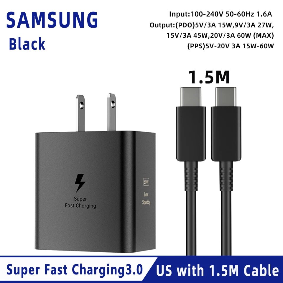 Оригинальное зарядное устройство SAMSUNG S26 Ultra 60W Type-C GaN, адаптер для US With 1.5M Cable