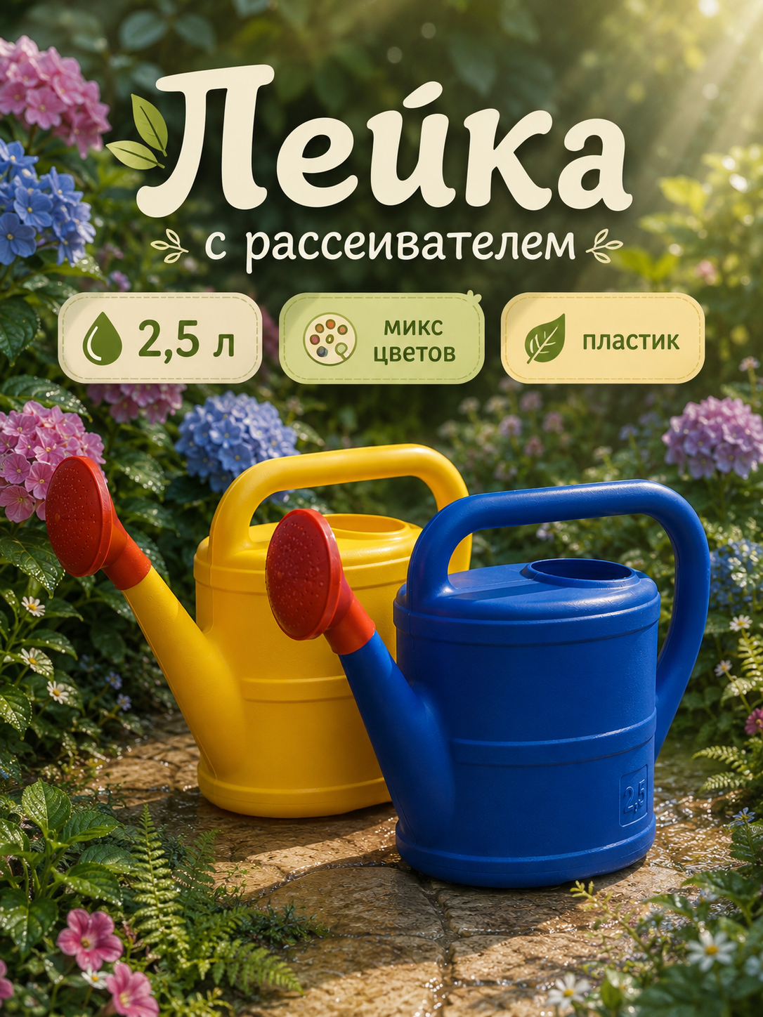 Лейка с рассеивателем, для растений, 2.5л, пластик, цвет микс