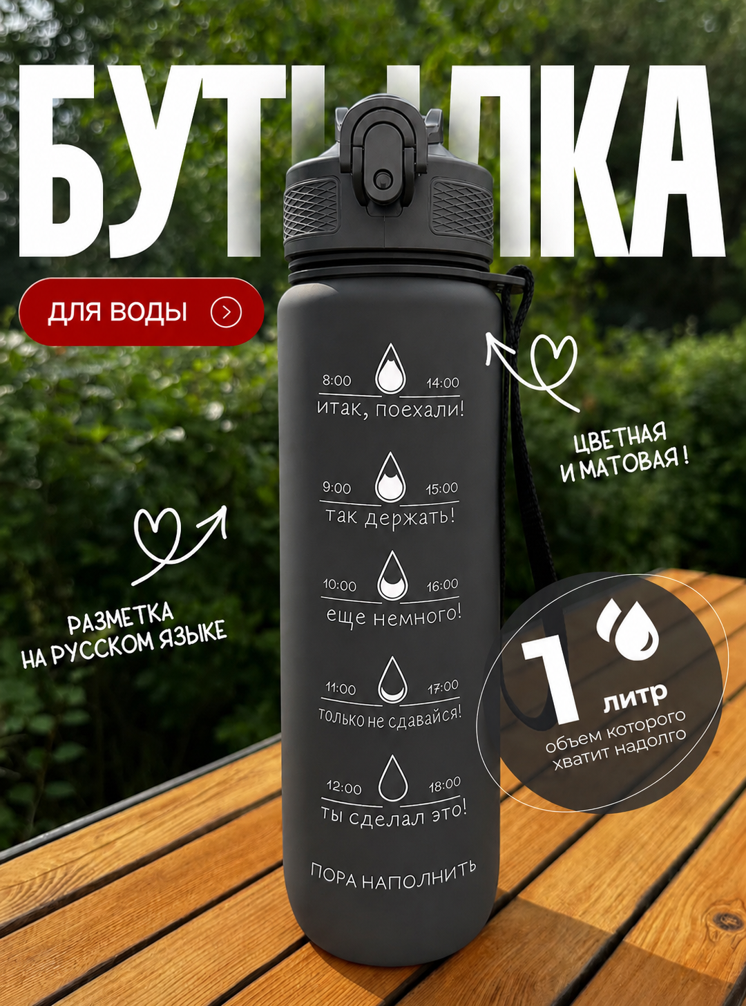 Бутылка для воды Lakshmi, 1л, с держателем, с поильником, черная
